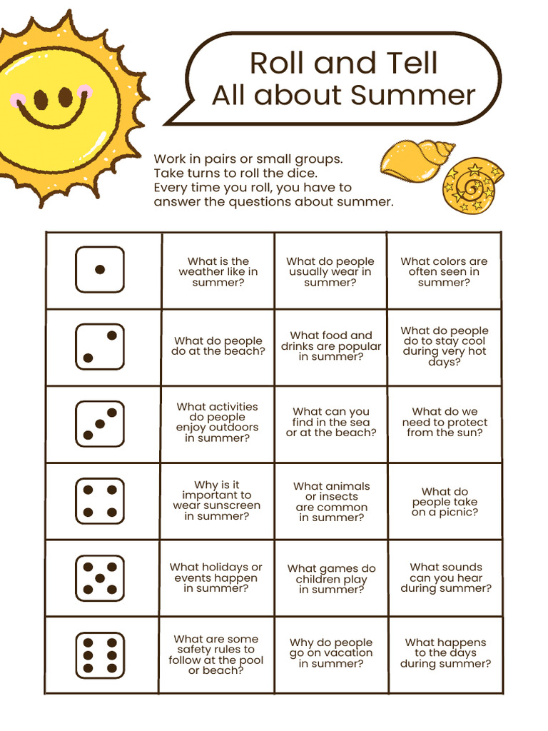 Roll and Tell All About Summer Worksheet in Colorful Simple Style | PDF