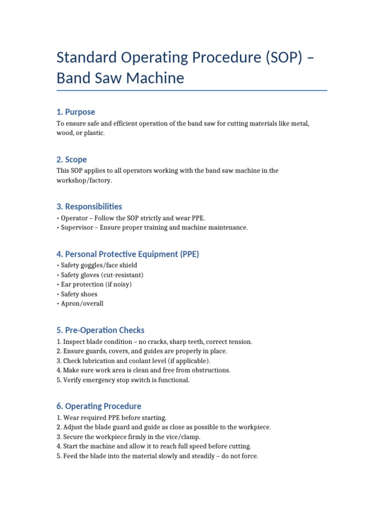 Band Saw Machine SOP Guidelines | PDF