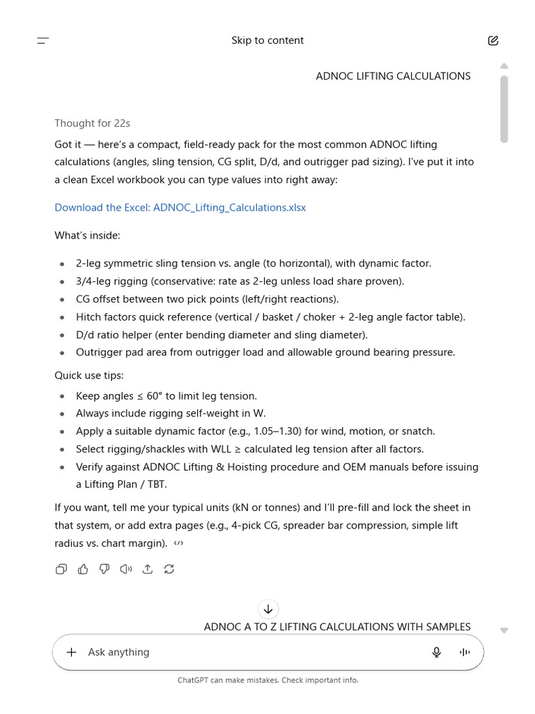 ADNOC Lifting Calculations Guide | PDF
