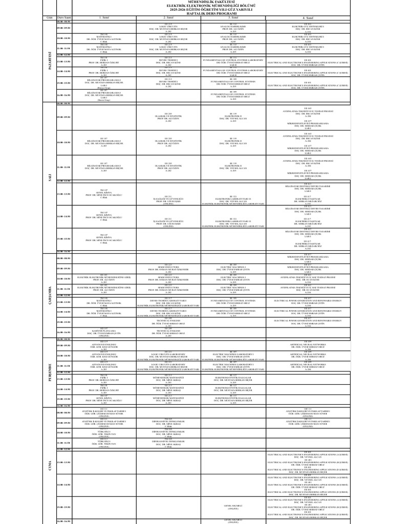 EE 2025-2026 Güz Lisans Ders Programı | PDF