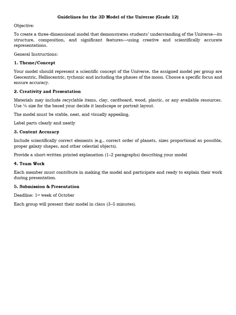 Guidelines and Rubrics For The 3D Model of The Universe | PDF ...