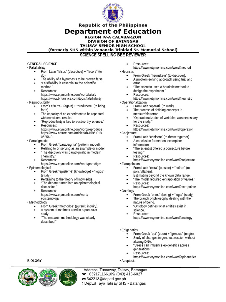 Science Spelling Bee Reviewer Guide | PDF | Stoichiometry | Earth Sciences