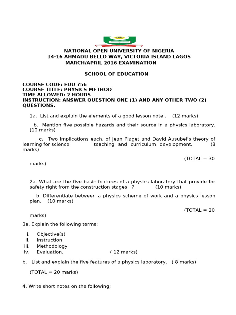 Physics Method Exam Questions 2016 | PDF