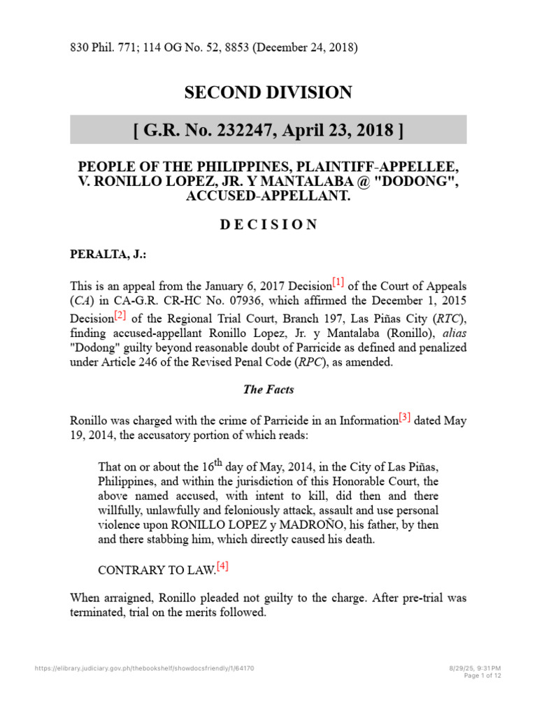 Parricide Case: Ronillo Lopez Appeal | PDF | Burden Of Proof (Law ...