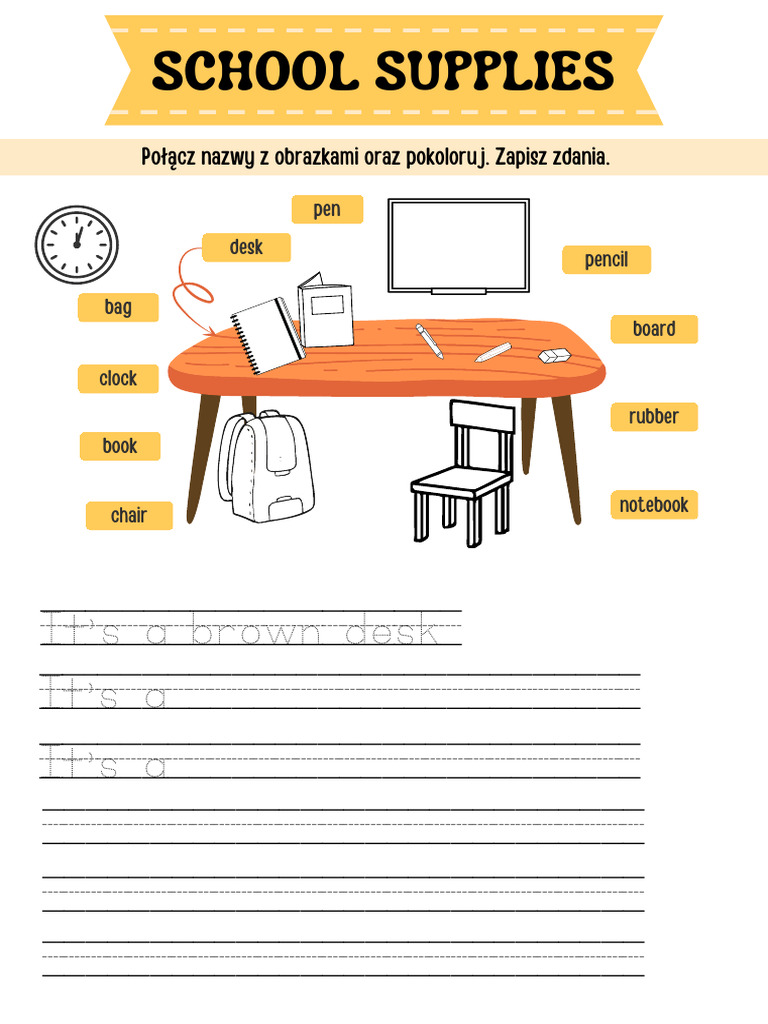 Matching and Coloring School Supplies English Worksheet in Illustrative ...