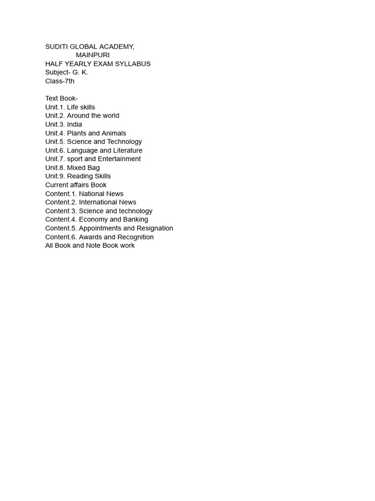 Class 7th - Gk.halfyearly - Syllabus 25 26 | PDF