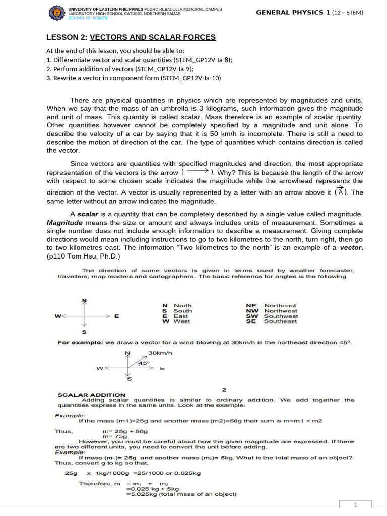 2 Vectors and Scalar Forces Handout | PDF | Euclidean Vector | Quantity