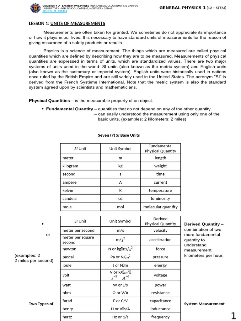 1 Units of Mesurements Handout | PDF | International System Of Units ...