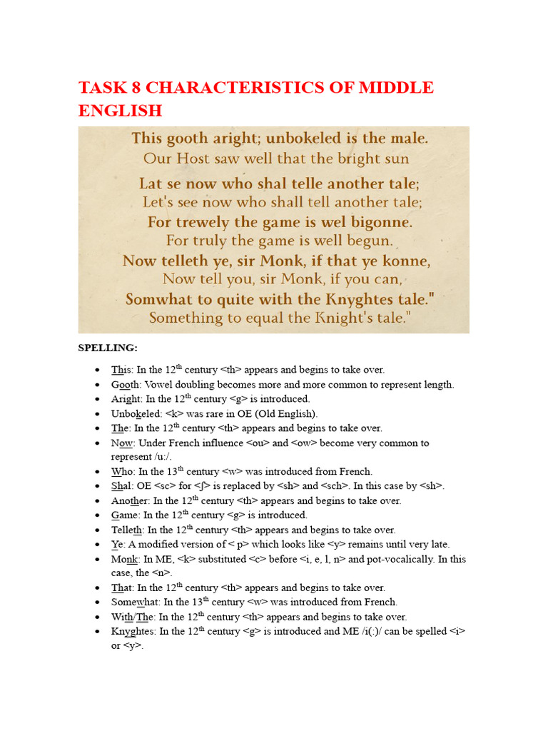 Task 8 Characteristics of Middle English | PDF
