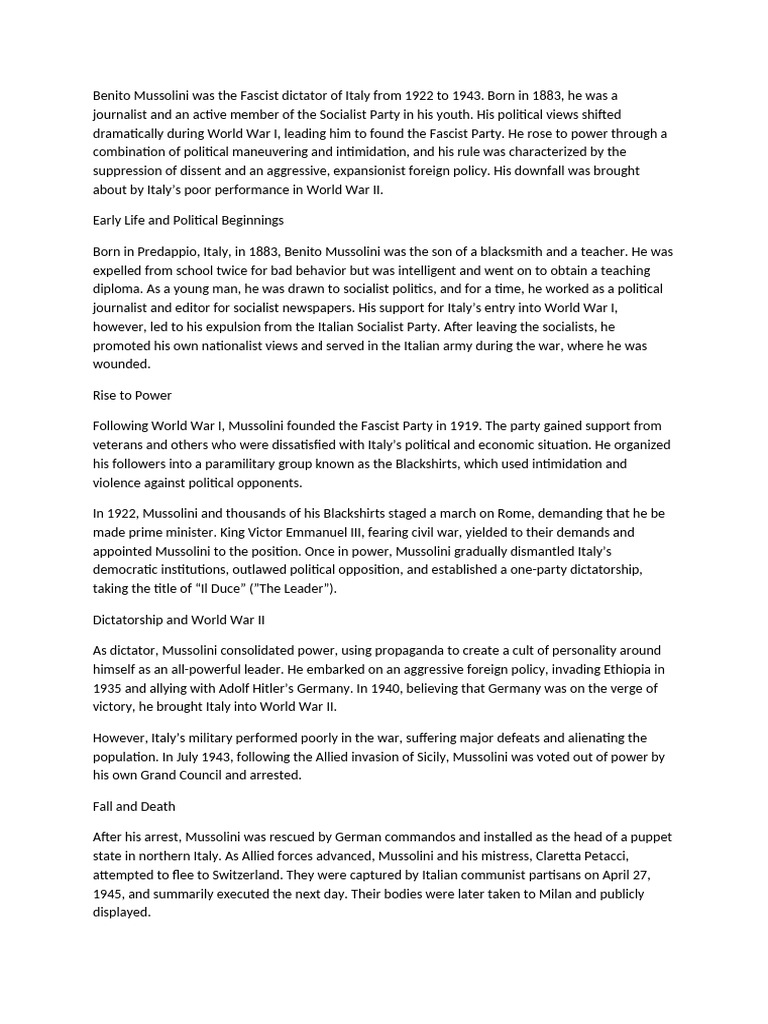 Benito Mussolini was the Fascist dictator of Italy from 1922 to 1943 ...