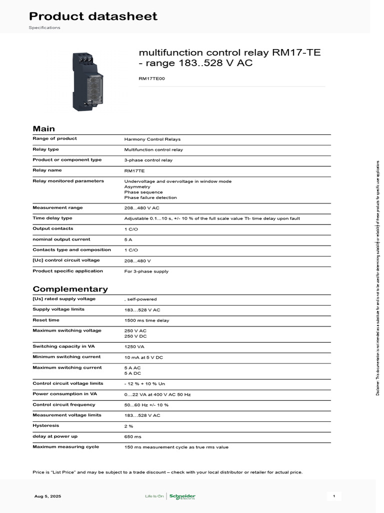 Schneider Electric - Zelio-Control - RM17TE00 | PDF | Alternating ...
