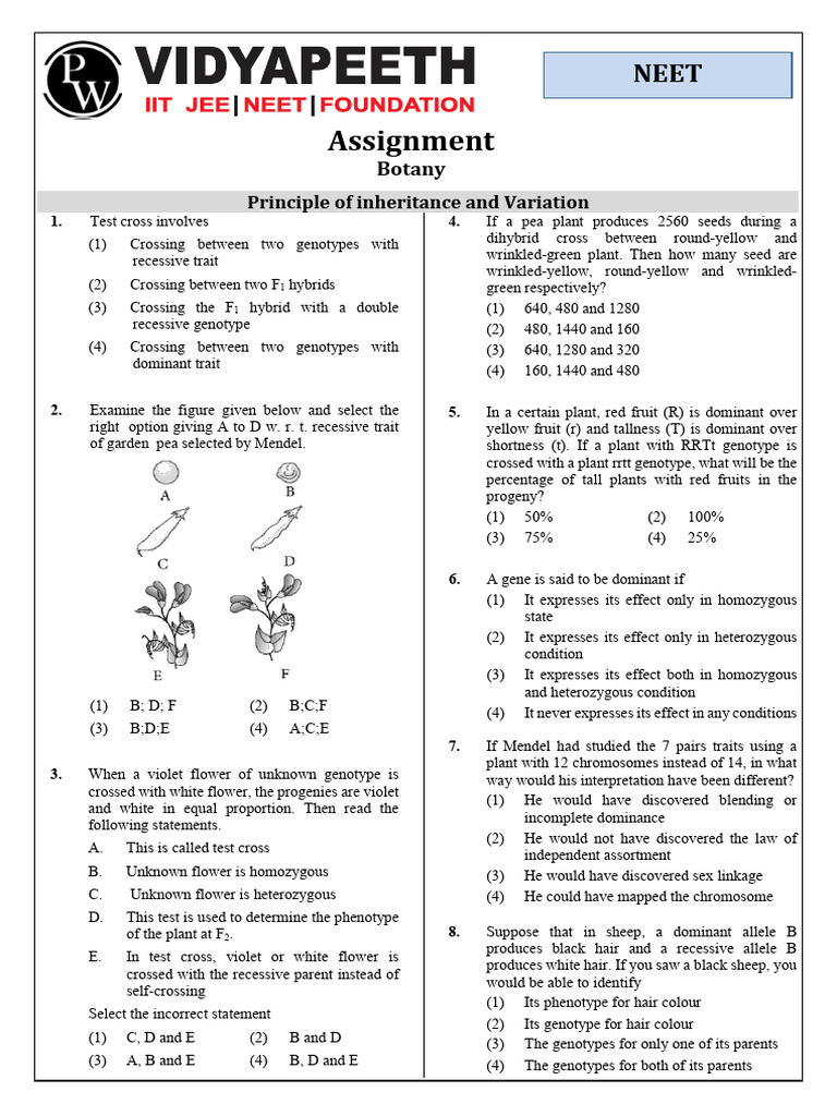 Assignment - Principle of Inheritance and Variation - Botany - NEET ...