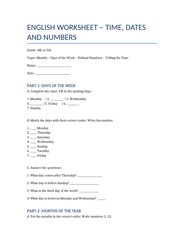 Dates and Time Exercises for Kids | PDF