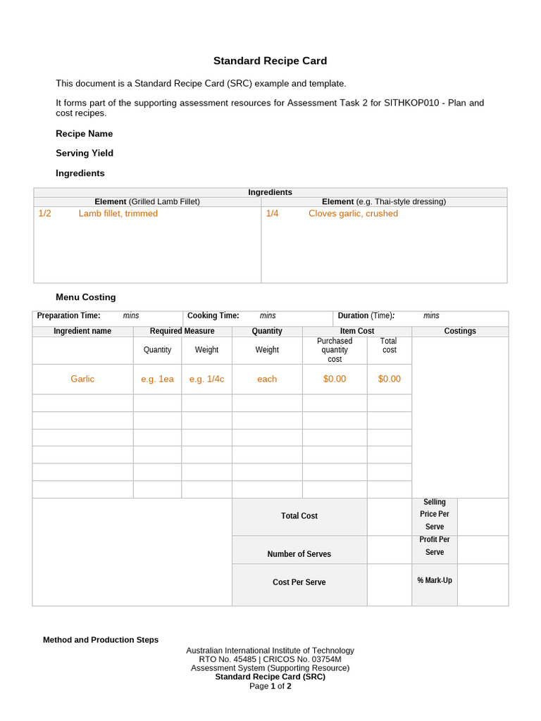 SITHKOP010 (Assessment 2) [Standard Recipe Card] (Template) | PDF ...