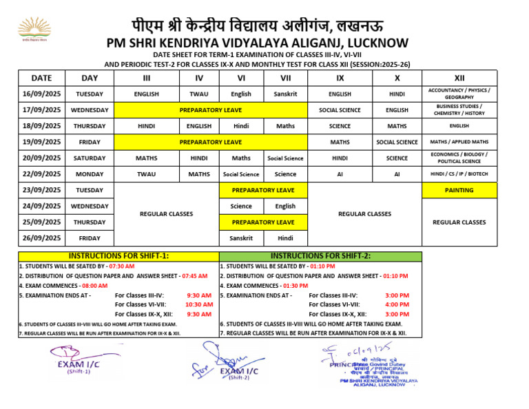 Date Sheet Term-1 (III-IV, Vi-Vii) & Pt-2 (Ix-X) & Mt-Sep (Xii) 2025 | PDF