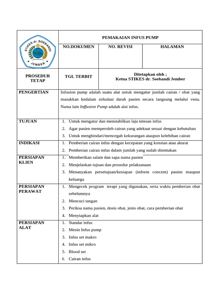 Prosedur Pemakaian Infus Pump | PDF