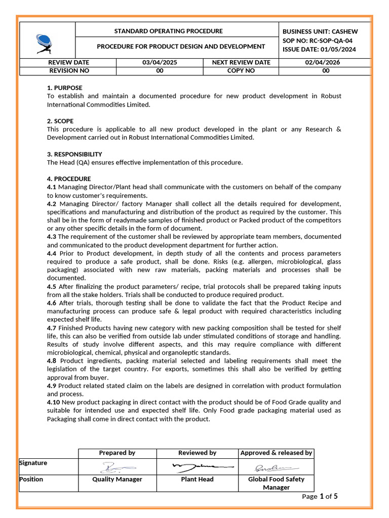 RC-SOP-QA-04 Procedure For Product Design and Development | PDF | Shelf ...