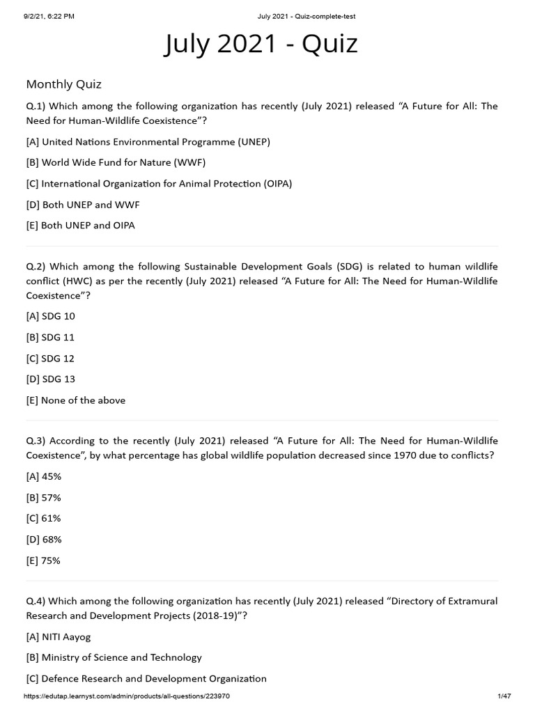 July 2021 - Quiz-Complete-Test Lyst2940agh | PDF | Sanitation | Economies