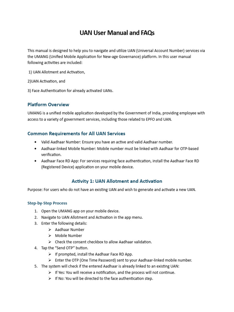 UAN User Manual for UMANG Services | PDF