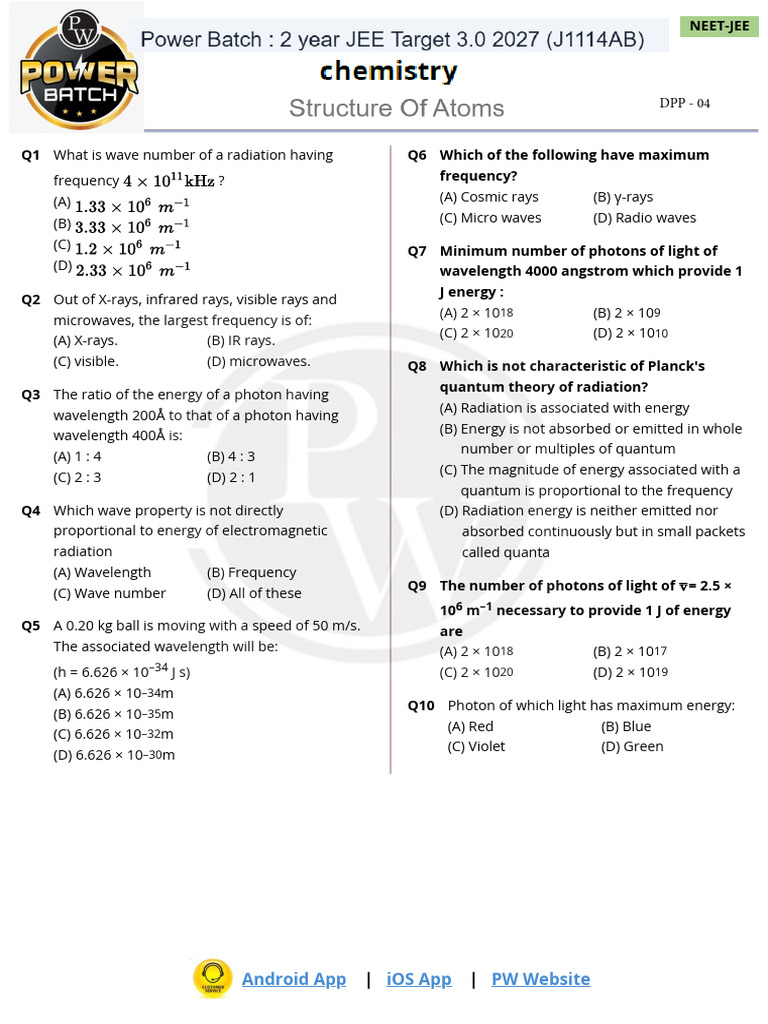 Structure of Atoms - DPP 04 | PDF | Electromagnetic Radiation ...