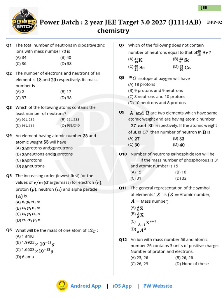 Structure of Atoms - DPP 02 | PDF | Proton | Atoms