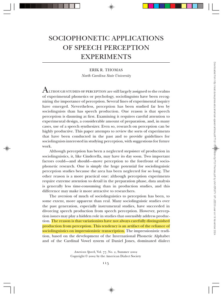 Sociophonetics: Speech Perception Insights | PDF | Perception | English ...