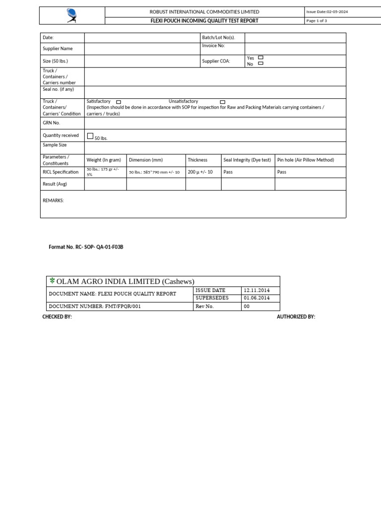 RICL Flexi Pouch Incoming Quality Test Report | PDF | Chess Openings ...