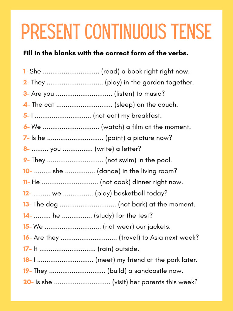 Present Continuous Tense Worksheet in Orange Yellow Basic Style | PDF