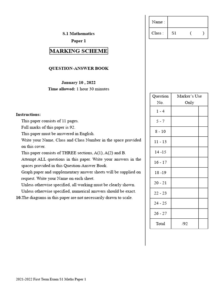 S1 Maths Paper 1 Exam Marking Scheme | PDF | Area | Mathematical Analysis