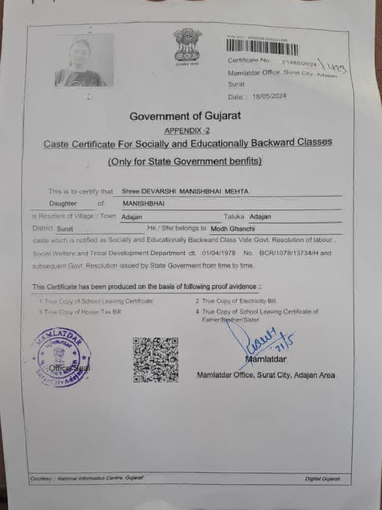 Caste Certificate Devarshi Mehta | PDF