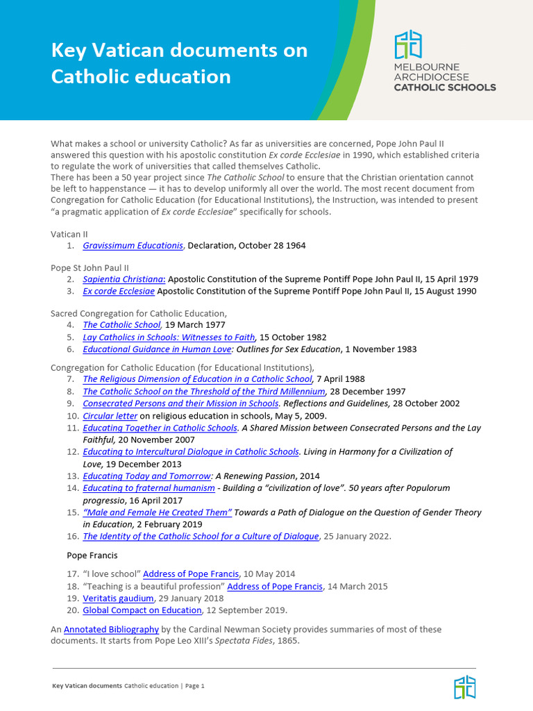 Key Vatican Documents on Catholic Education | PDF | Catholic Church ...