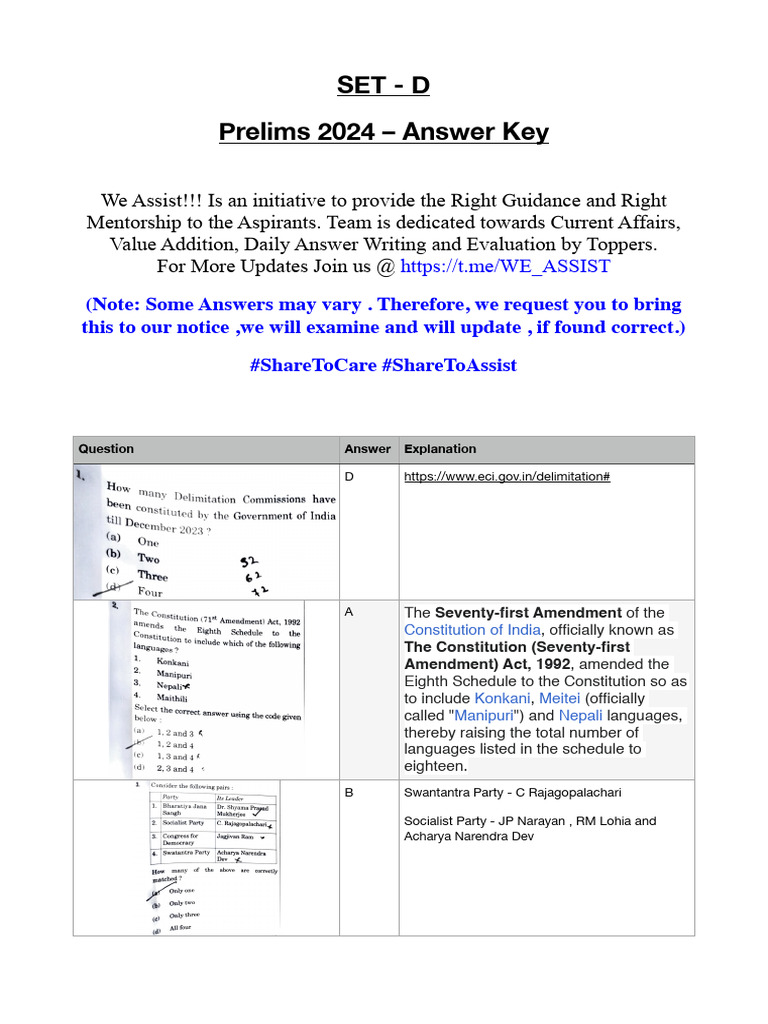 Prelims 2024 Answer Key - 1.0 | PDF | Government