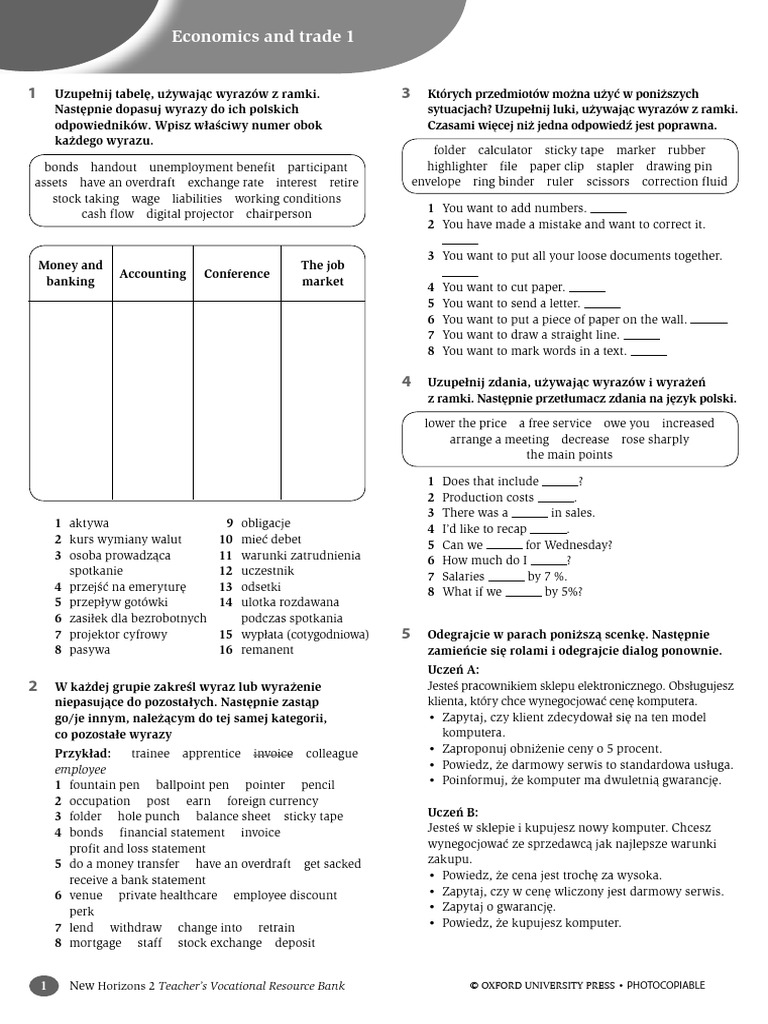 New Horizons 21 Economics and Trade Worksheets | PDF