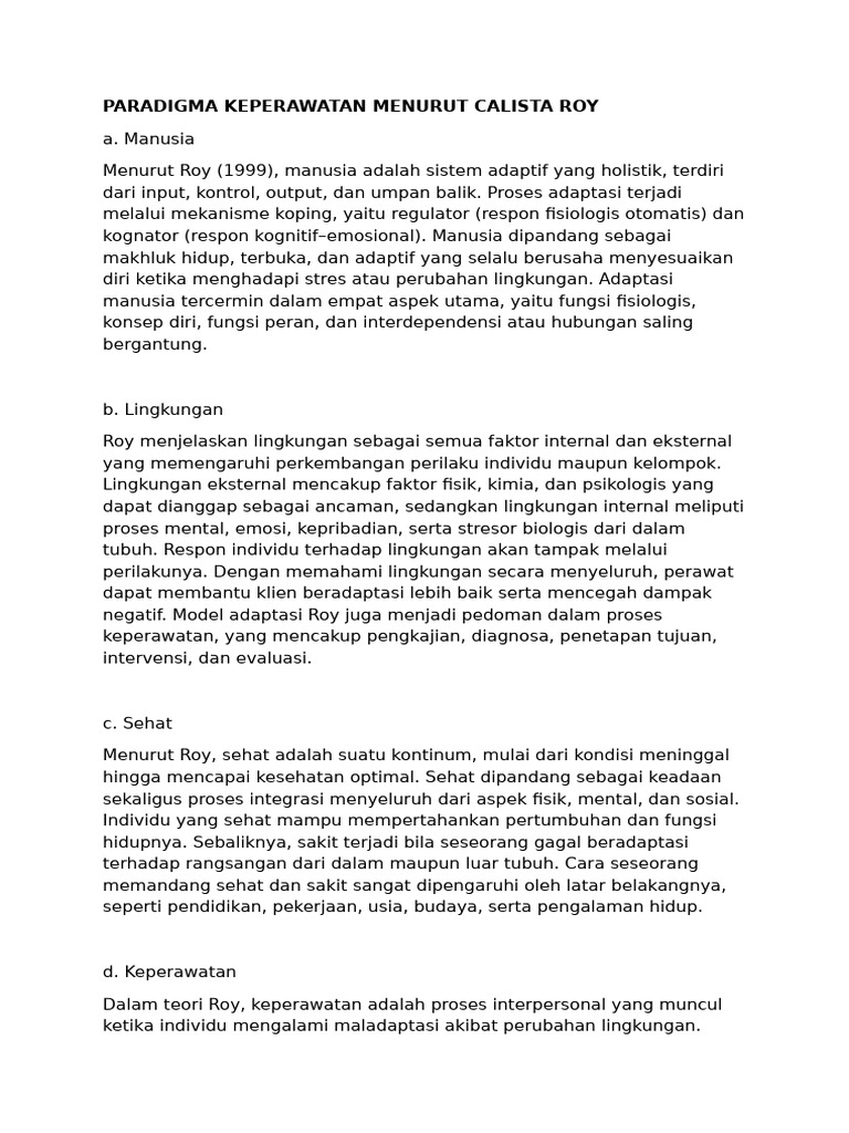 Paradigma Dan Konsep Keperawatan Menurut Calista Roy | PDF