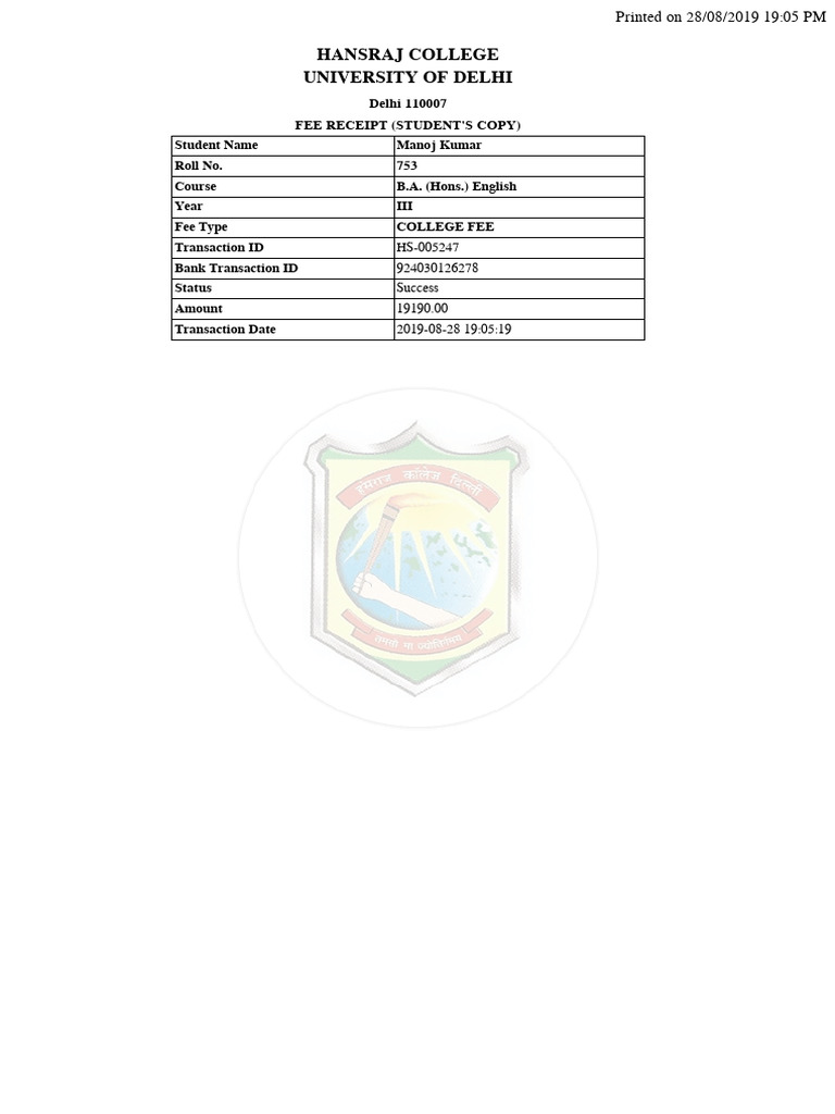 Hansraj College Fee Receipt - Manoj Kumar | PDF
