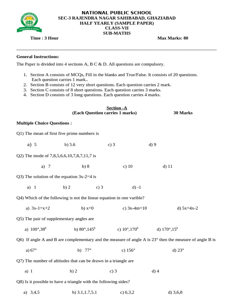 Class 7 Maths Half Yearly Sample Paper | PDF | Elementary Mathematics ...