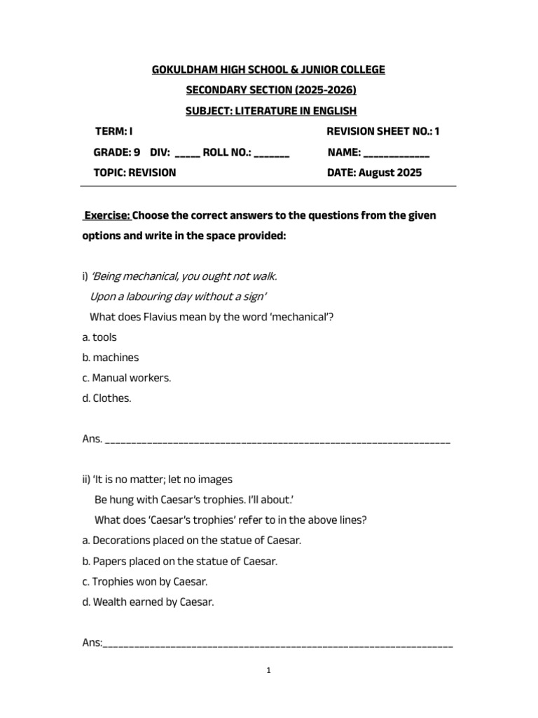 Grade 9 English Literature Revision Sheet | PDF | Rock (Geology)