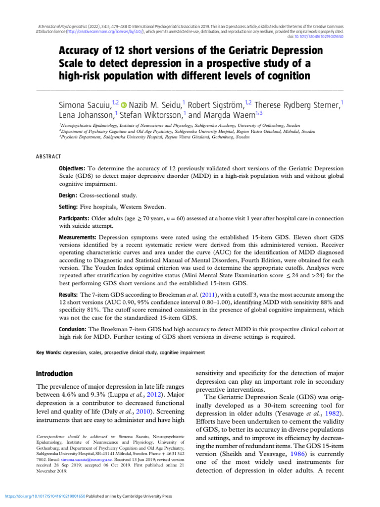 Accuracy of 12 Short Versions of The Geriatric Depression Scale To ...