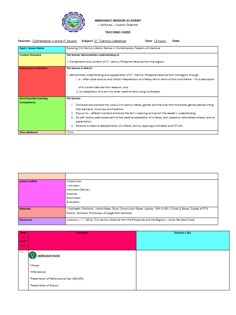 TG 21st Century Literature Q3 TG2 - Revised-1 | PDF | Poetry | Narration