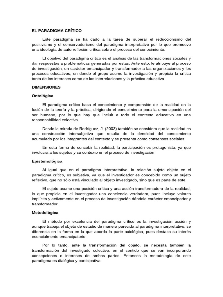 Características del Paradigma Crítico | PDF | Paradigma | Conocimiento