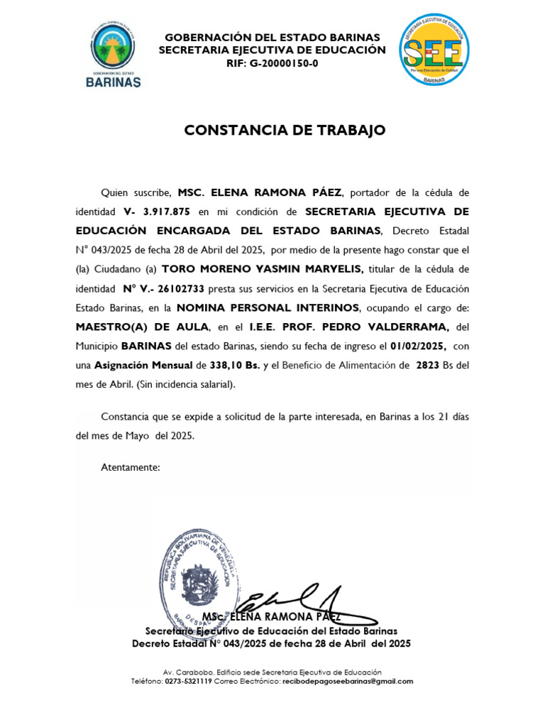 Constancia de Trabajo de Yasmin Toro | PDF