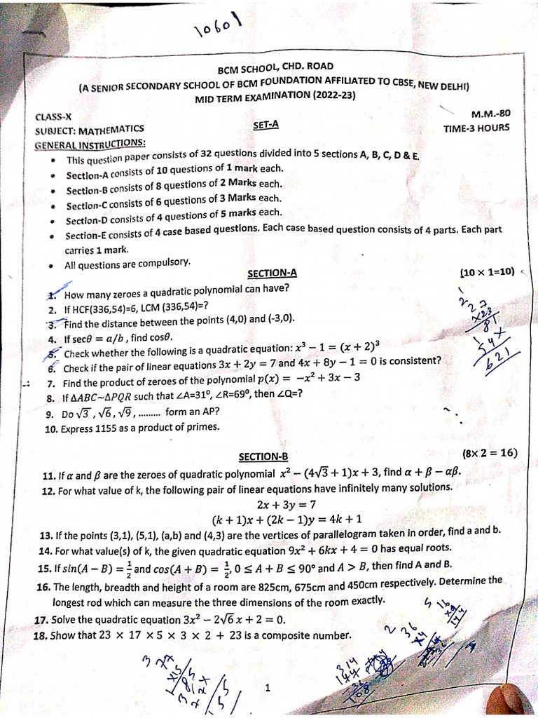 BCM 10th Maths Sept Paper | PDF