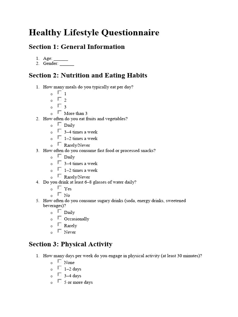 Student Healthy Lifestyle Questionnaire | PDF | Determinants Of Health