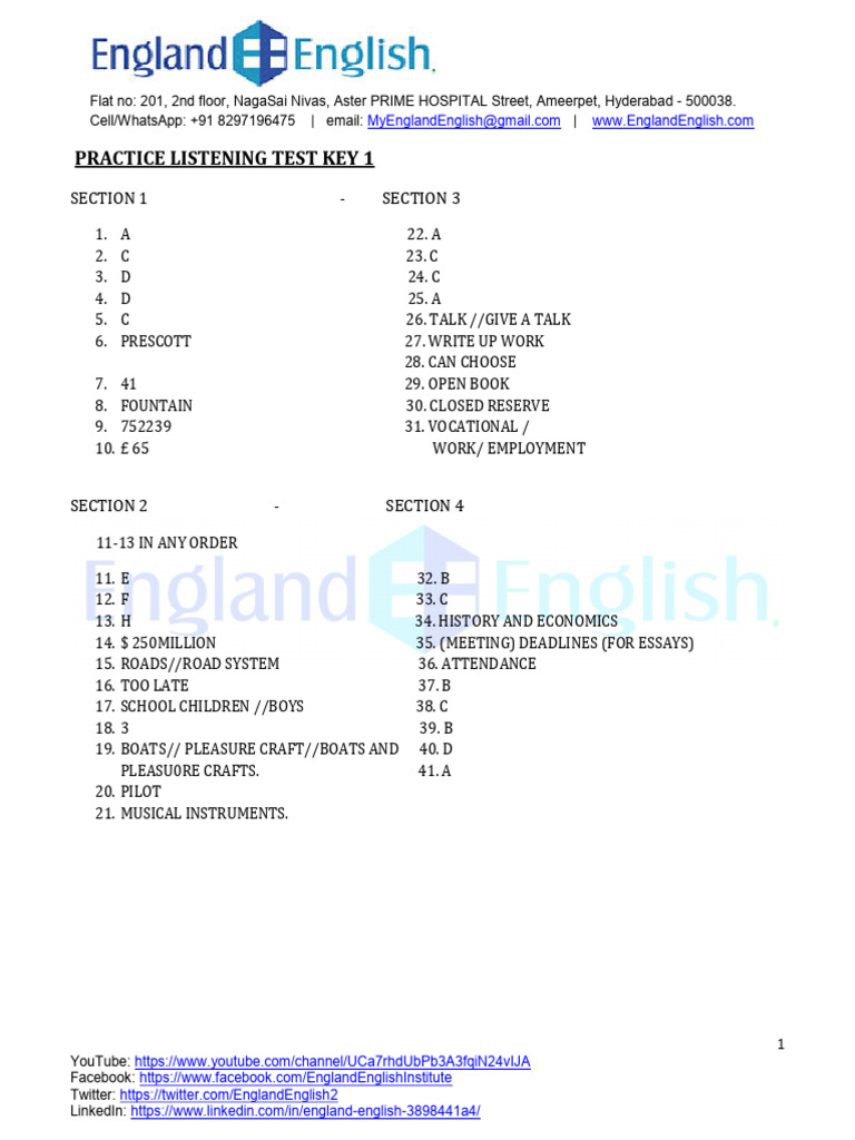 England English Listening Test Keys | PDF