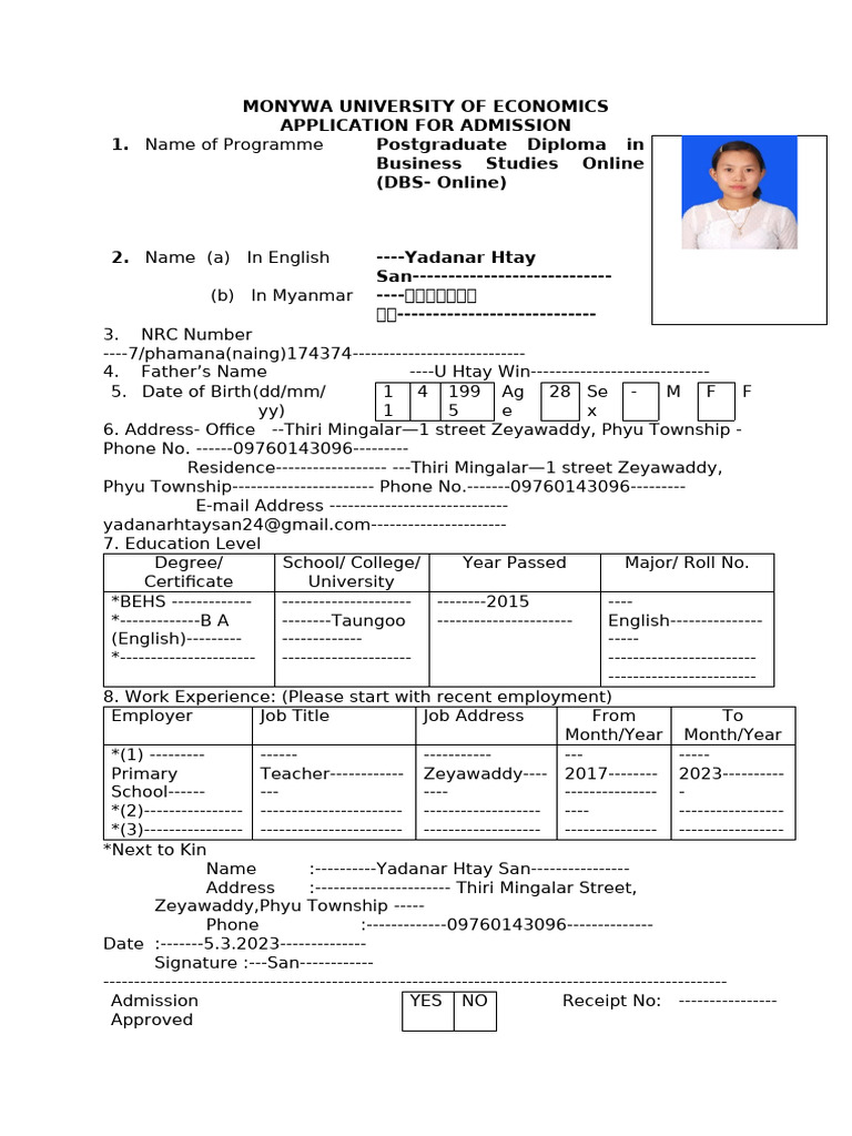 Yadanarhtaysan DBS Application Form 2023 | PDF | Chess Theory | Chess