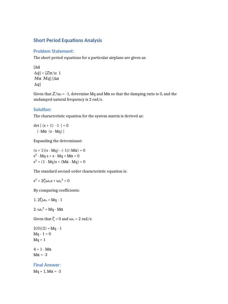 Short Period Equations Analysis for Aircraft | PDF