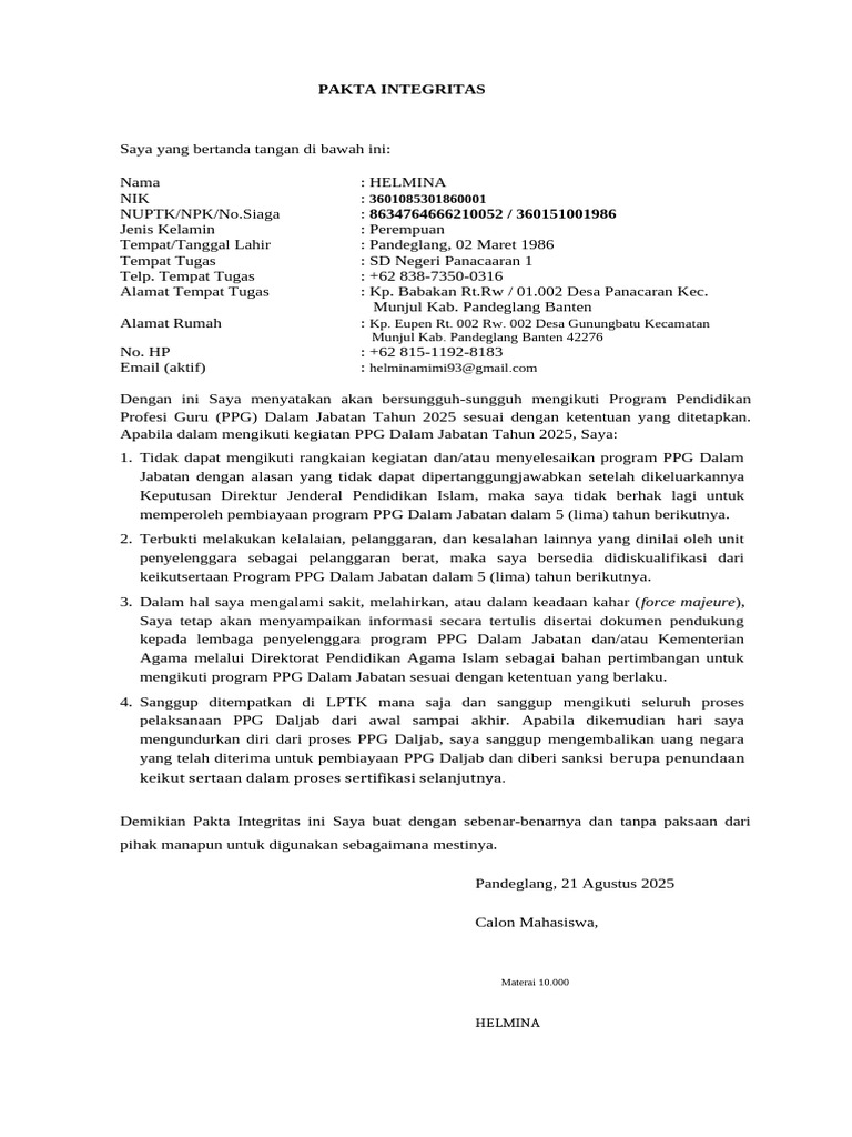 Pakta Integritas PPG 2025 Helmina | PDF