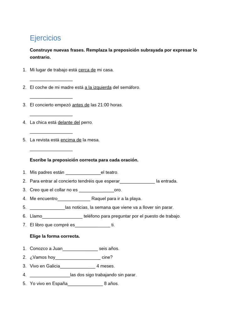 Ejercicios de Preposiciones en PDF | PDF