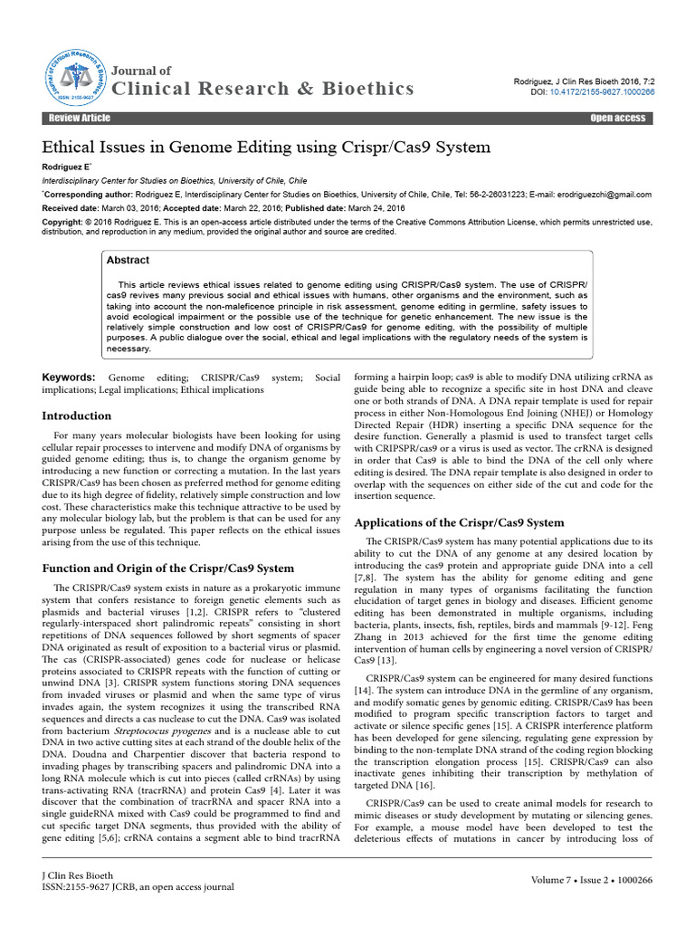 Ethical Issues in Genome Editing Using Crisprcas9 System 2155 9627 ...