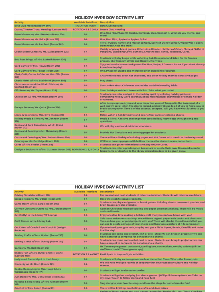 Holiday Hype Day Activities List | PDF